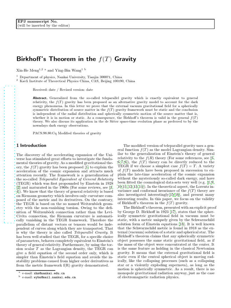 Birkhoff's Theorem in The F (T) Gravity | PDF