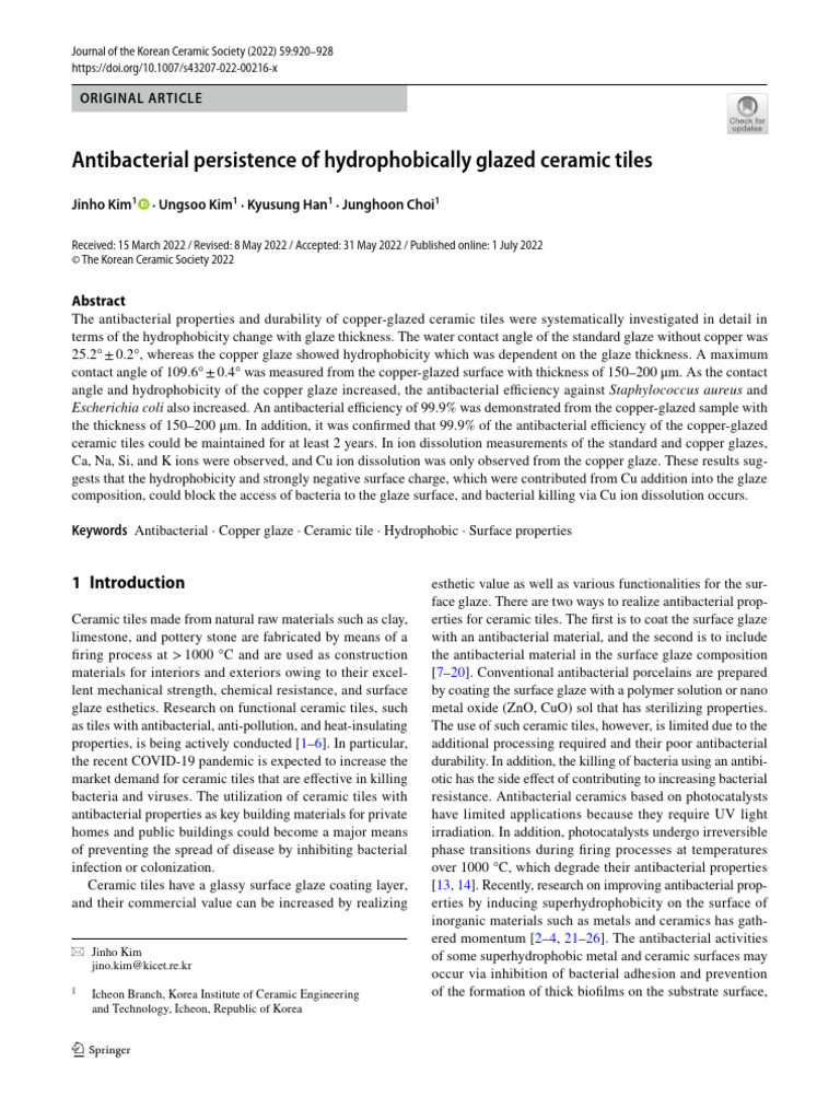 Antibacterial Persistence of Hydrophobically Glazed Ceramic Tiles | PDF