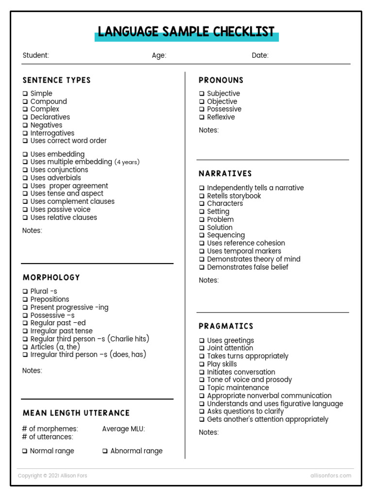 Language Sample Checklist: (4 Years) | PDF
