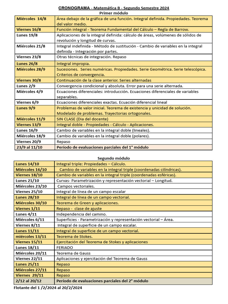 Cronograma Segundo Semestre 2024 | PDF