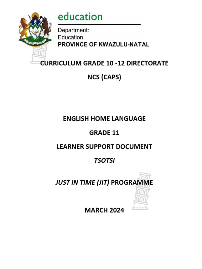 Kzn Jit English Hl Grade 11 Tsotsi Learner Guide 2024 | PDF
