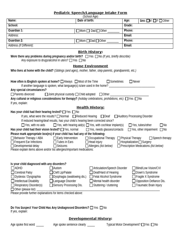StudentClientSpeechTherapyIntakeForm 1 | PDF