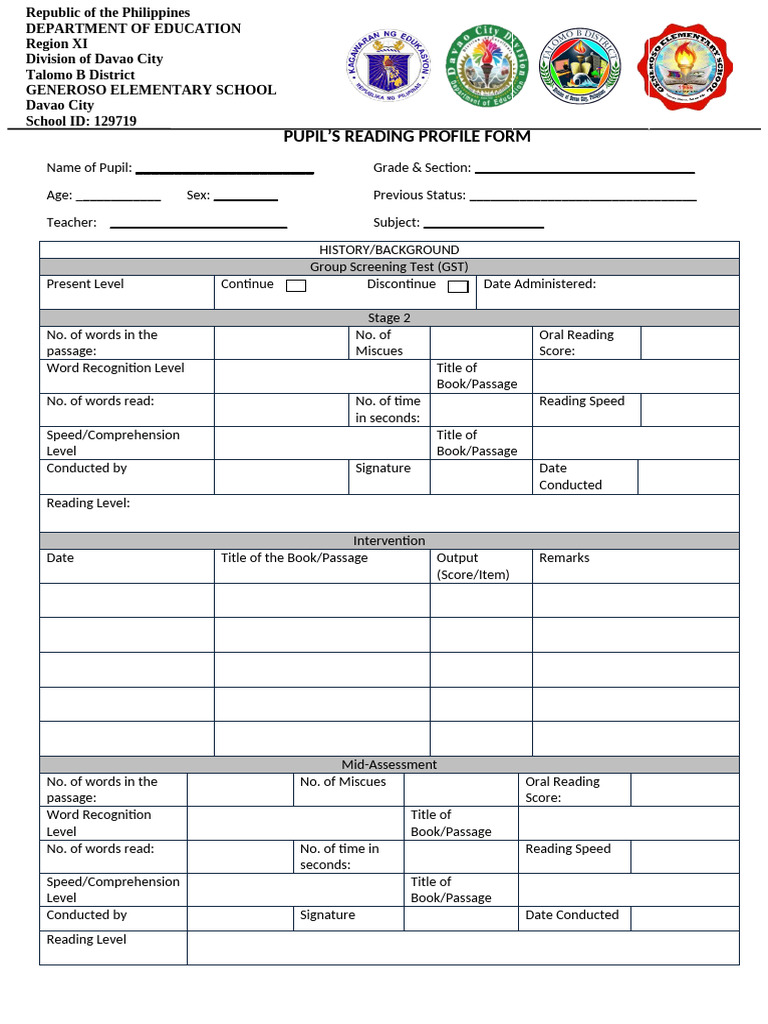 Pupils Reading Form A4 | PDF