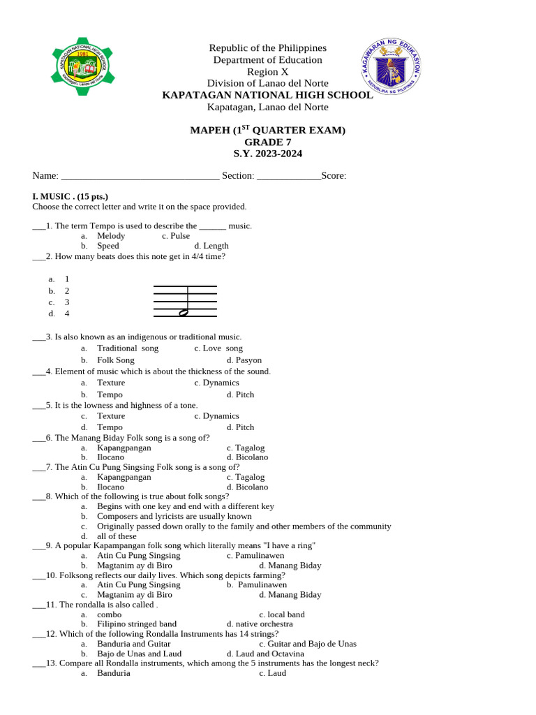 MAPEH-7-1st-quarter-1 Exam | PDF