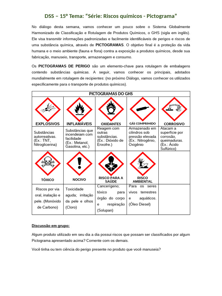 15º TEMA DSS - Da Série - Riscos Químicos - Pictogramas | PDF
