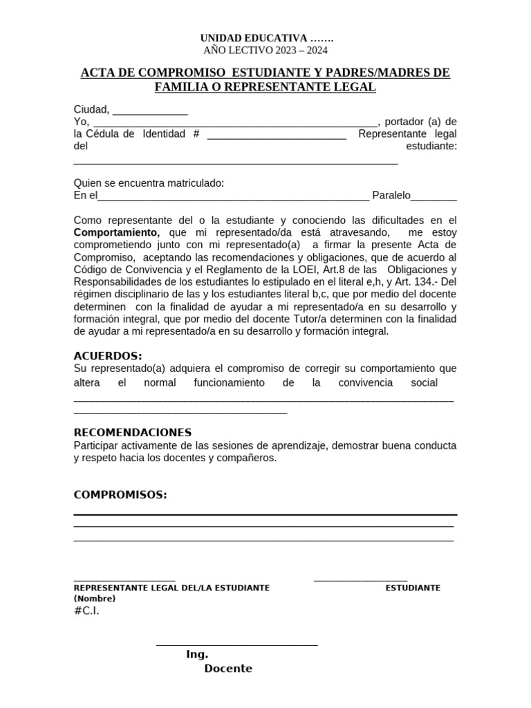 Formato de Acta de Compromiso de Comportamiento | PDF