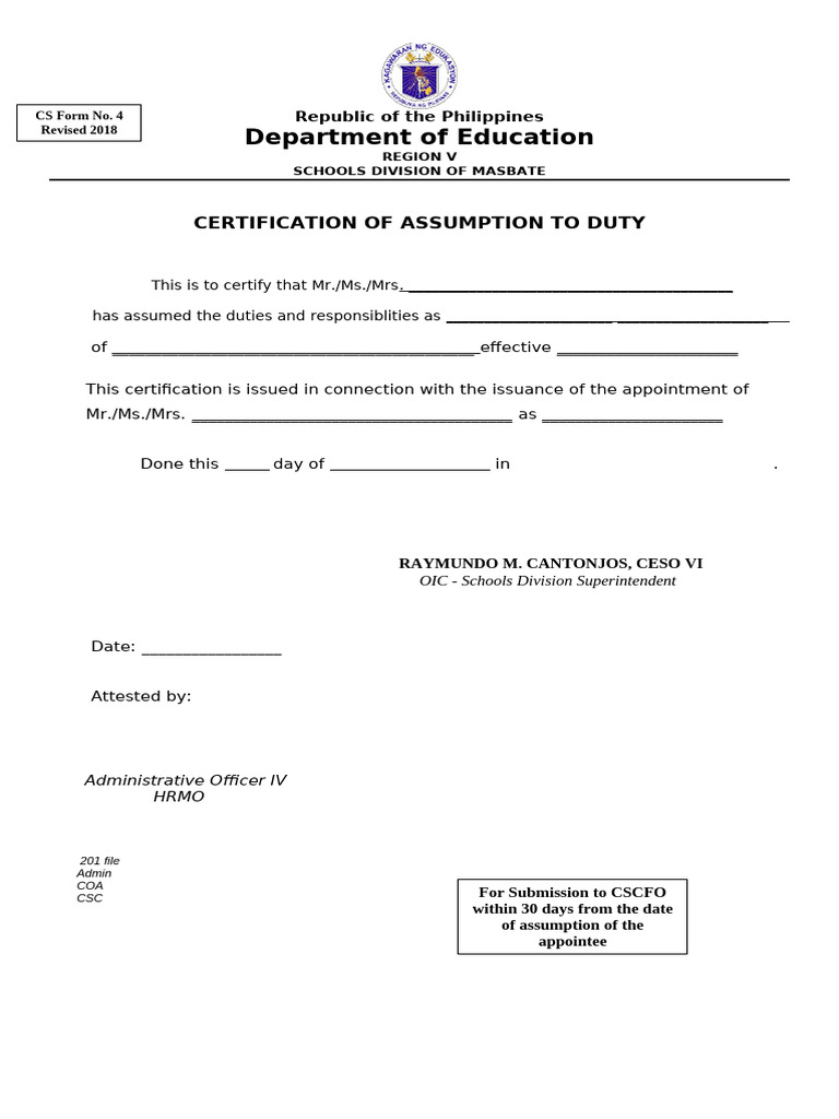SAMPLE Assumption to Duty | PDF