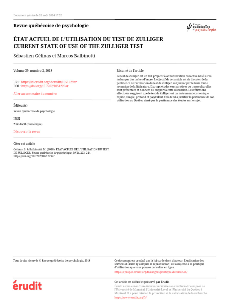 État Actuel de L'Utilisation Du Test de Zulliger Current State of Use ...