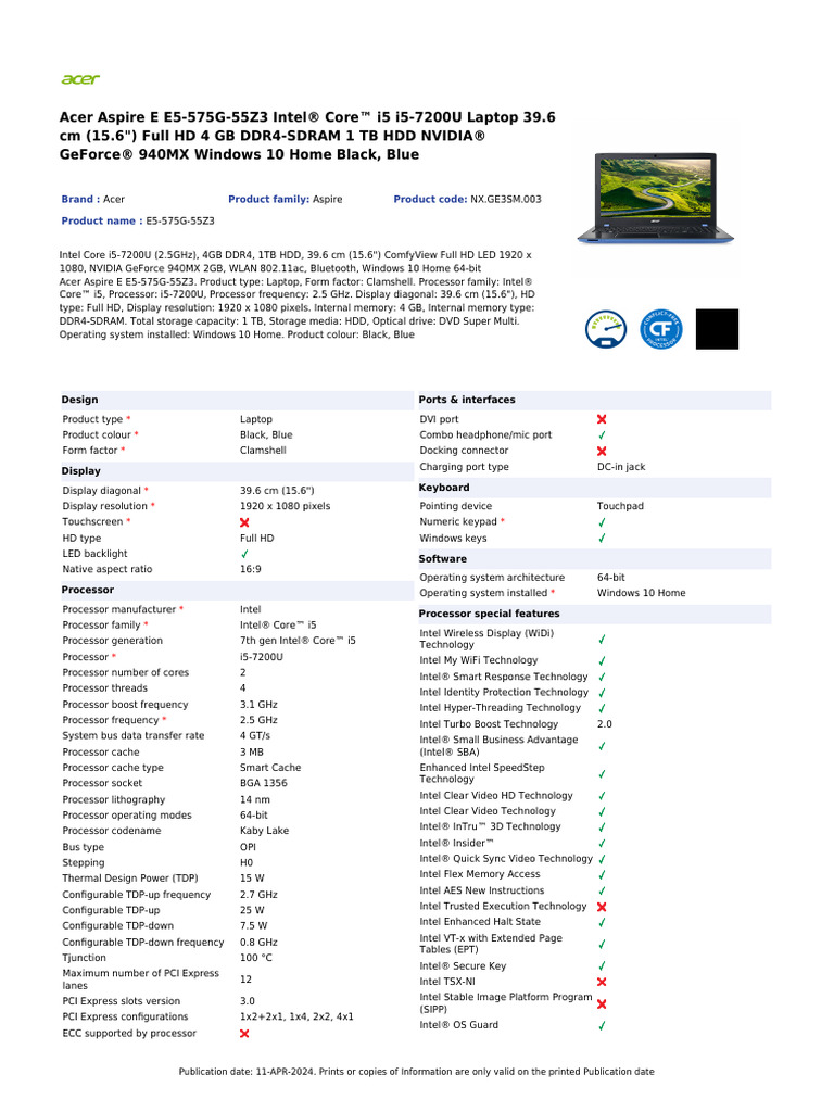 Acer E5 575g Product PDF | PDF