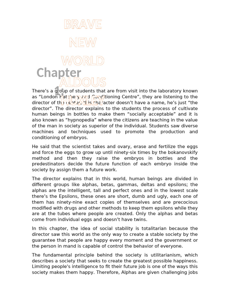 Brave New World Aldous Huxley (Chapters 1 To 7) | PDF