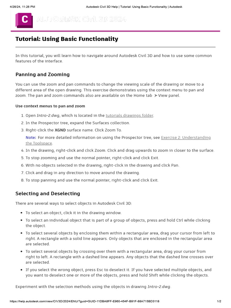 Autodesk Civil 3D Help - Tutorial - Using Basic Functionality - Autodesk | PDF