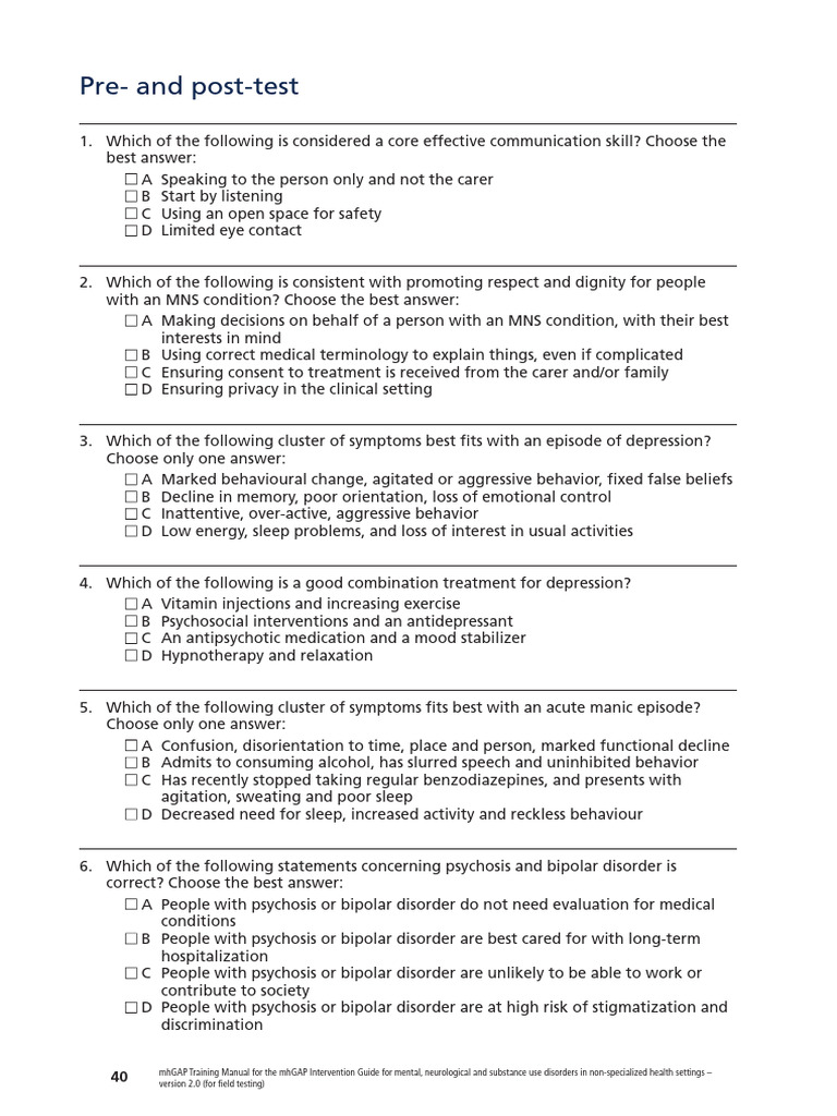 WHO (2017) mhGAP 2.0. PrePost Knowledge Test - 0 | PDF