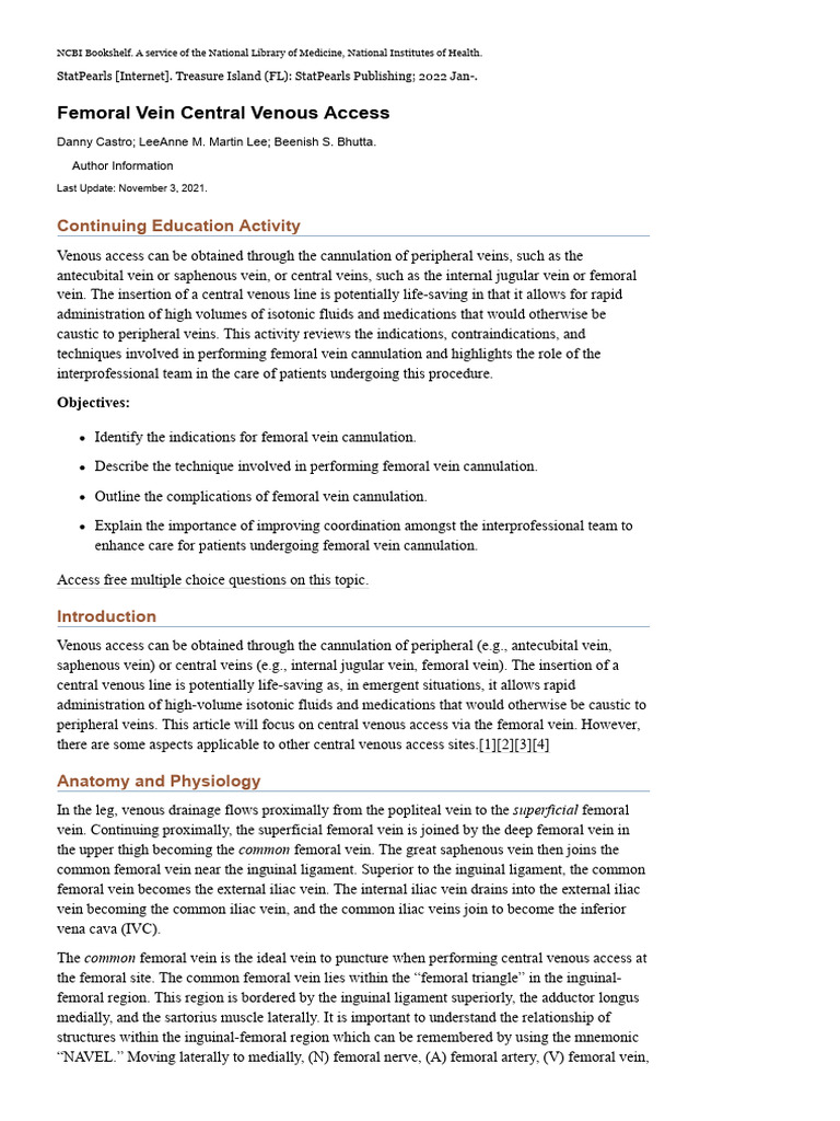 Femoral Vein Central Venous Access - StatPearls - NCBI Bookshelf | PDF