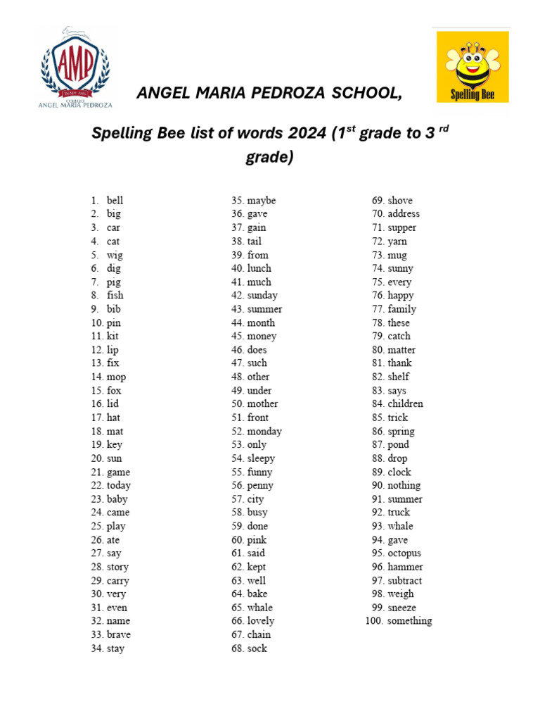SPELLING LISTS OF WORDS 1° To 3° | PDF