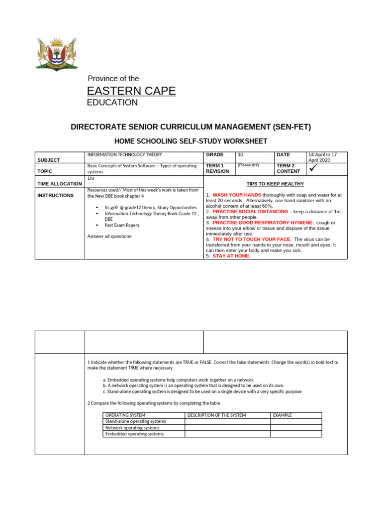 IT GR 10 Worksheet 2 Types of Operating Systems | PDF