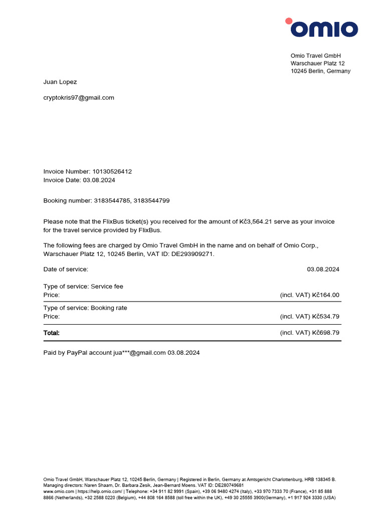 Omio Invoice 3183544785 3183544799 | PDF