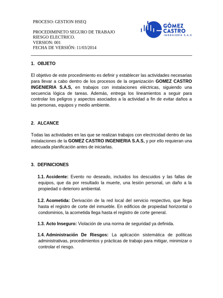 PRC-SST - Procedimiento Seguro de Trabajo de Riesgo Eléctrico | PDF