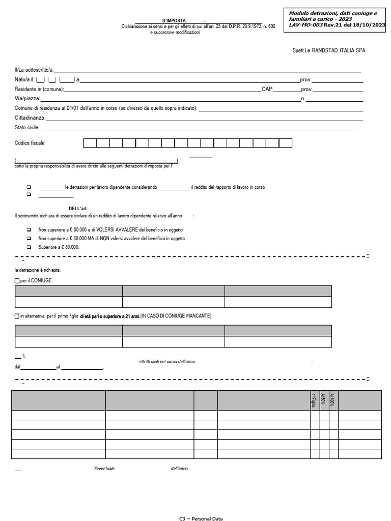 LAV-MO-003 Modulo Detrazioni, Dati Coniuge e Familiari A Carico - 2023 | PDF