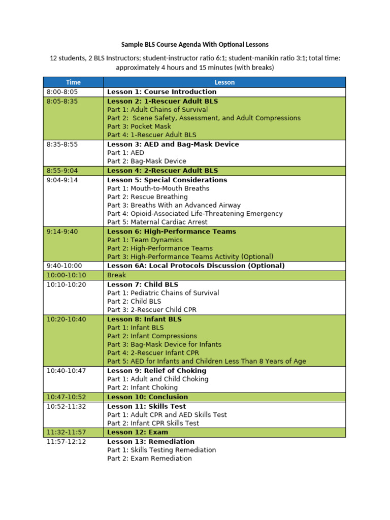 Sample BLS Course Agenda With Optional Lessons - Ucm - 506669 | PDF