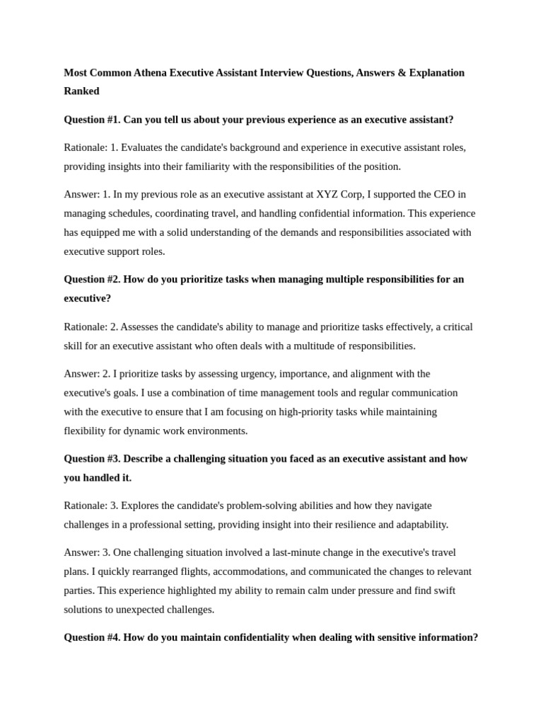 Most Common Athena Executive Assistant Interview Questions (Q&A) | PDF