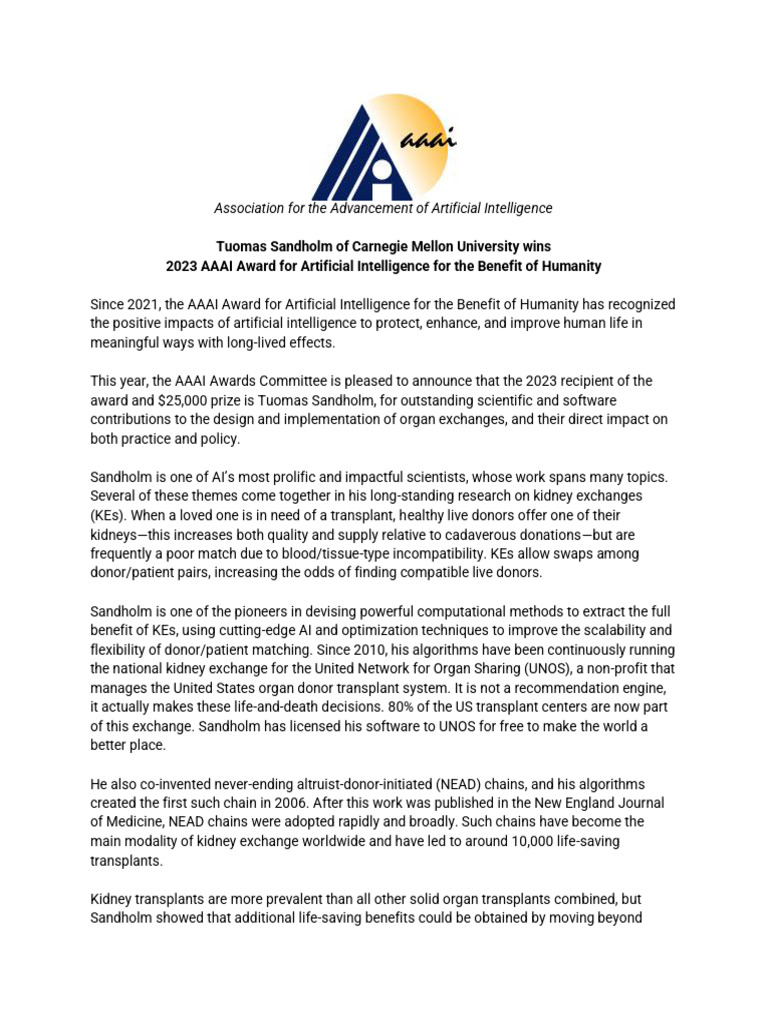 Revised - 2023 AAAI Award For Artificial Intelligence For The Benefit of Humanity Press Release ...