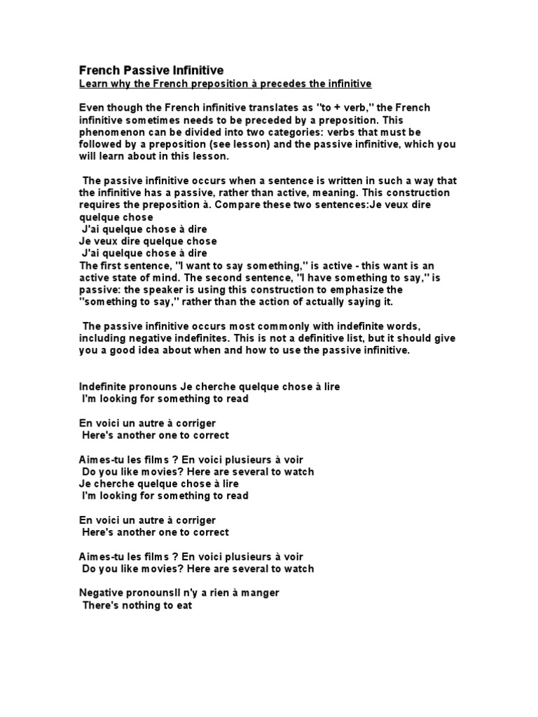 French Passive Infinitive Guide | PDF | Preposition And Postposition ...