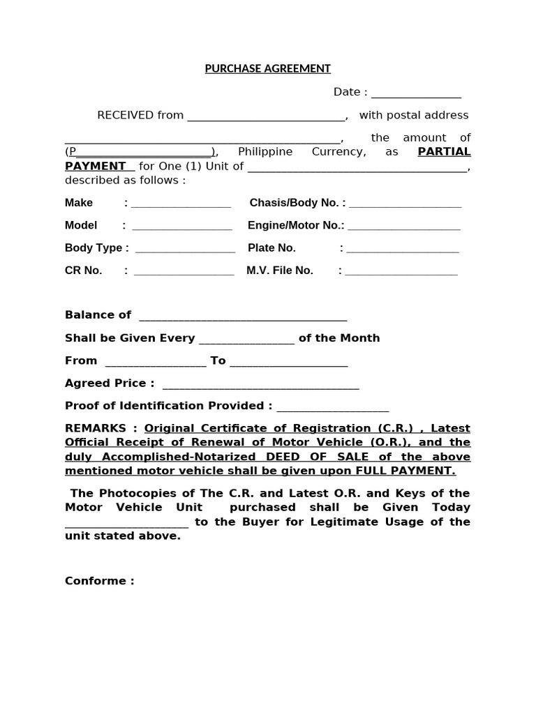 PURCHASE AGREEMENT Motorcycle Installment | PDF