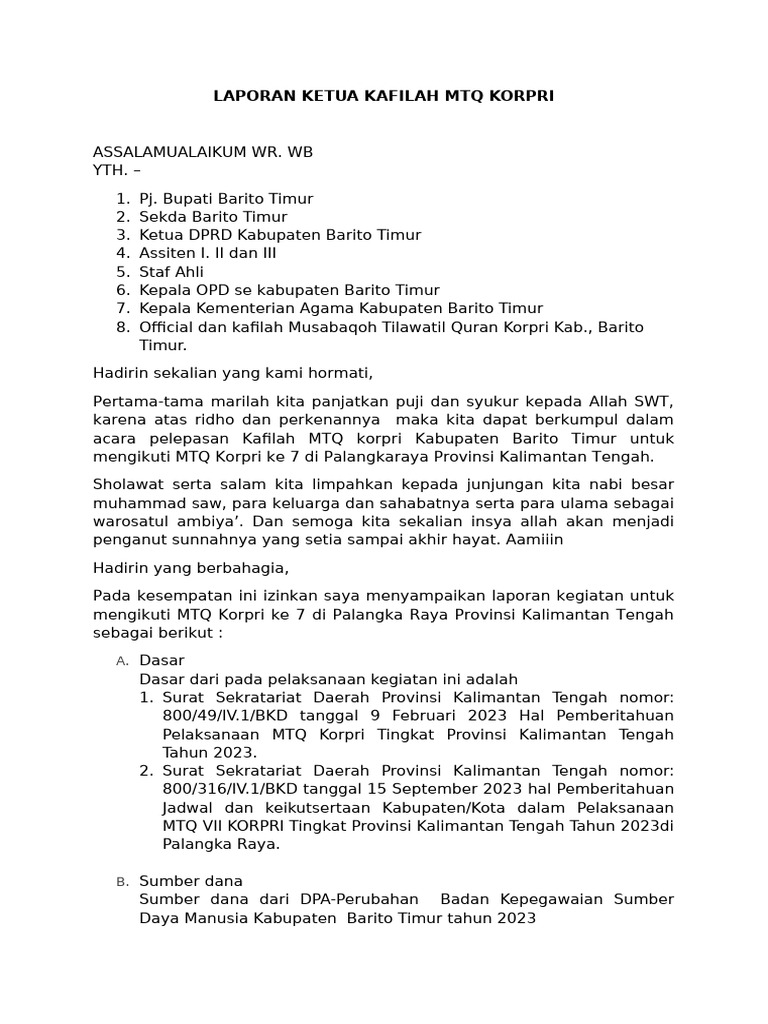 Laporan Ketua Kafilah MTQ Korpri | PDF
