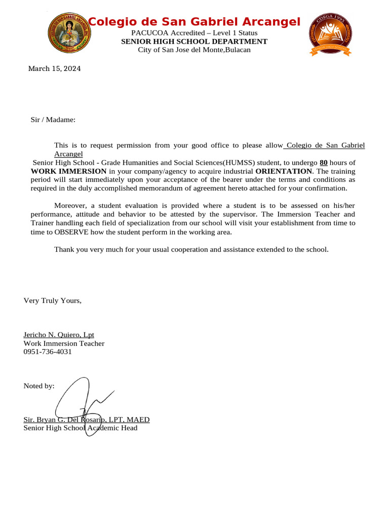 Request For Work Immersion | PDF