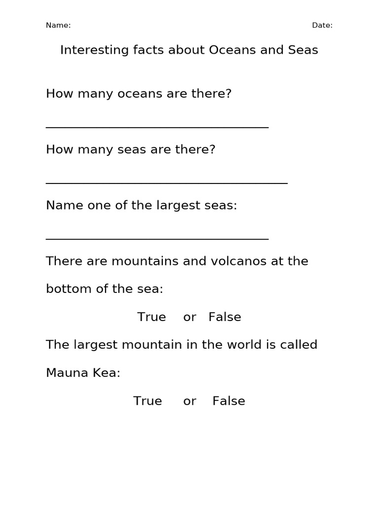 Interesting Facts About Oceans and Seas Worksheet | PDF | Science ...