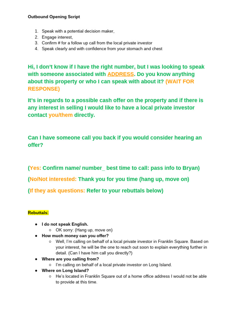 Outbound - Inbound Opening Script & Rebuttals | PDF | Politics | Law