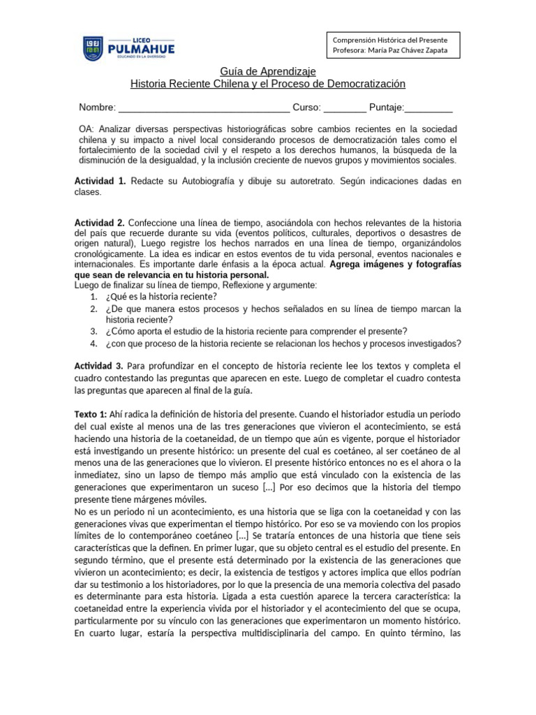 GUIA N°1 Historia Reciente Chilena y El Proceso de Democratización ...