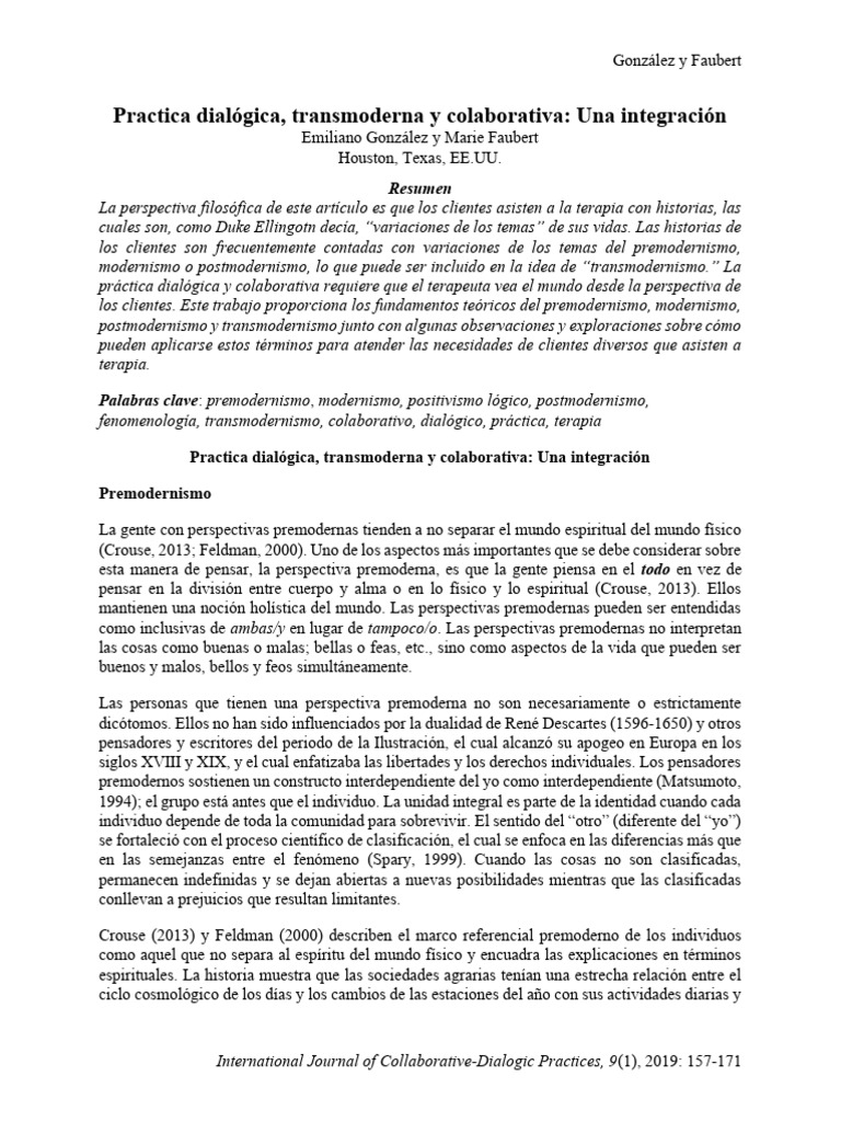 Ijcp Issue 9 P. 157 171 Gonzc3a1lez and Faubert Transmodern and Collaborative Dialogic Practice ...