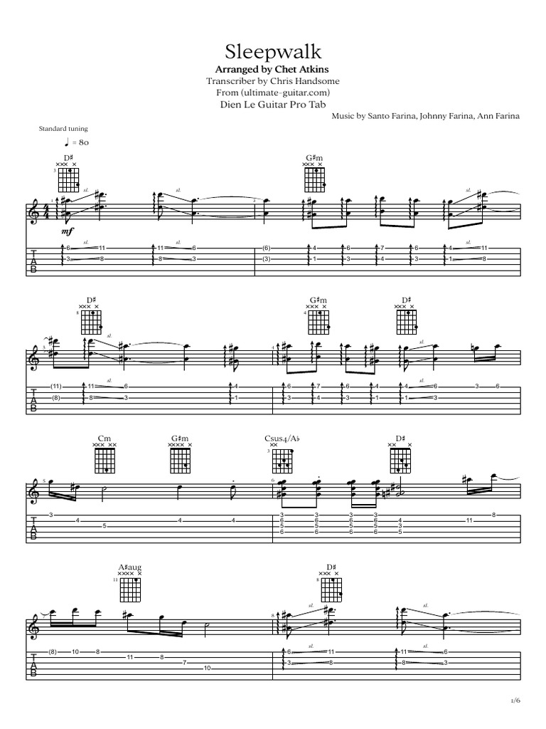 SleepWalk - Arr by Chet Atkins - For Guitar With Tab | PDF