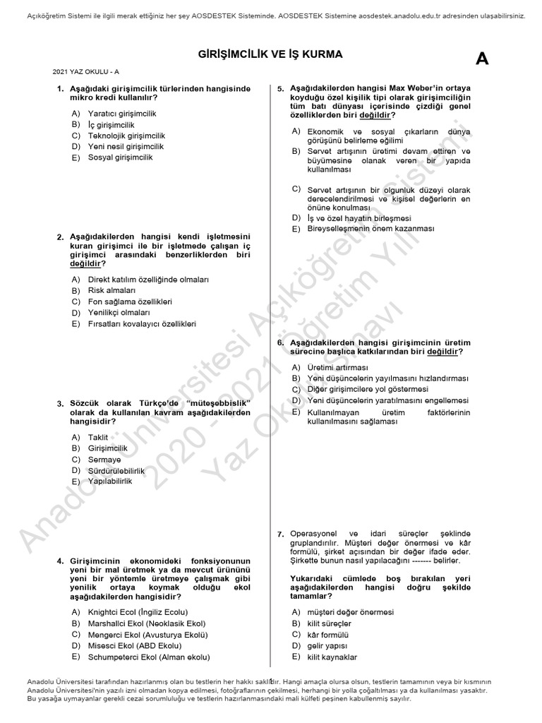 2021 Yaz Okulu - A1 | PDF