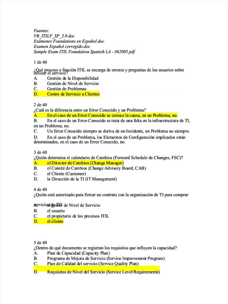 PDF Itil Examenes Compilados Espanol 40 Preguntas Completas - Compress | PDF