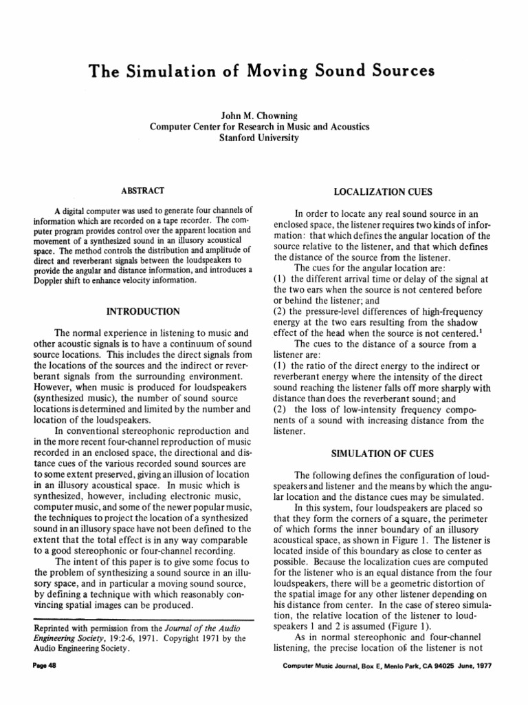 Chowning.1977 The - Simulation.of - Moving.Sound - Sources | PDF