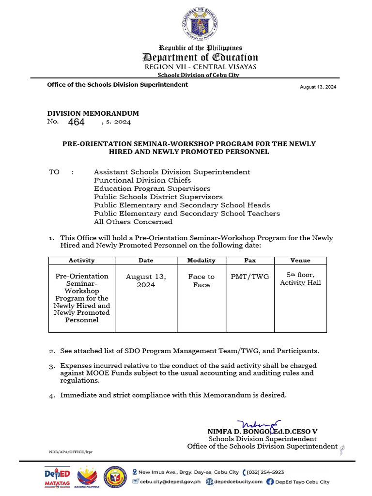 DM 2024 464 Pre Orientation Seminar Workshop Program For Newly Hired ...