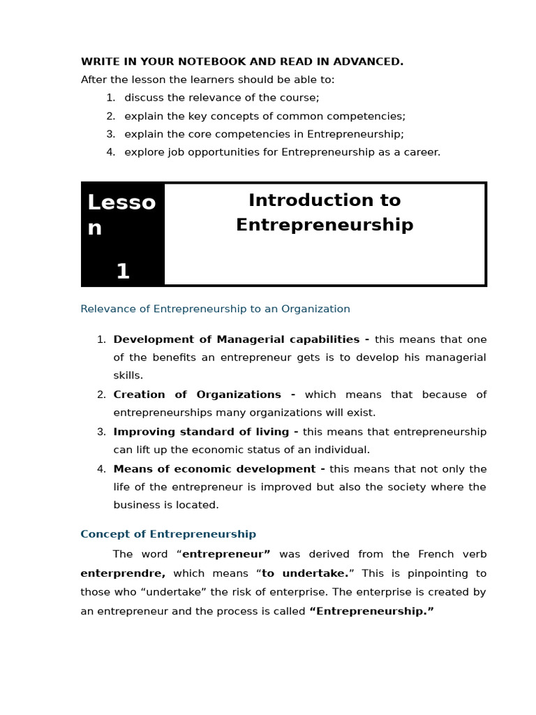 LESSON 1 Introduction To Entrepreneurship | PDF
