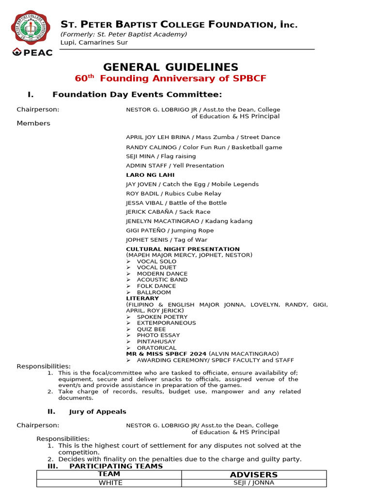 60TH Foundation Guidlines | PDF | Tournament | Dances