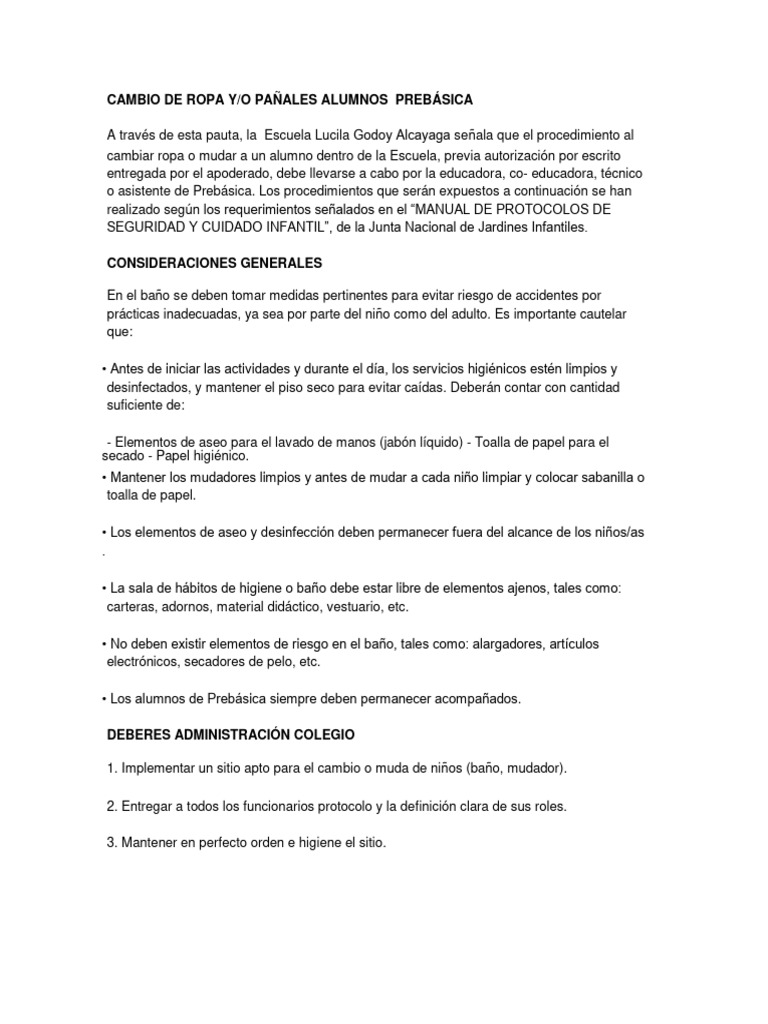 Protocolo de Cambio de Ropa y Panales SED | PDF