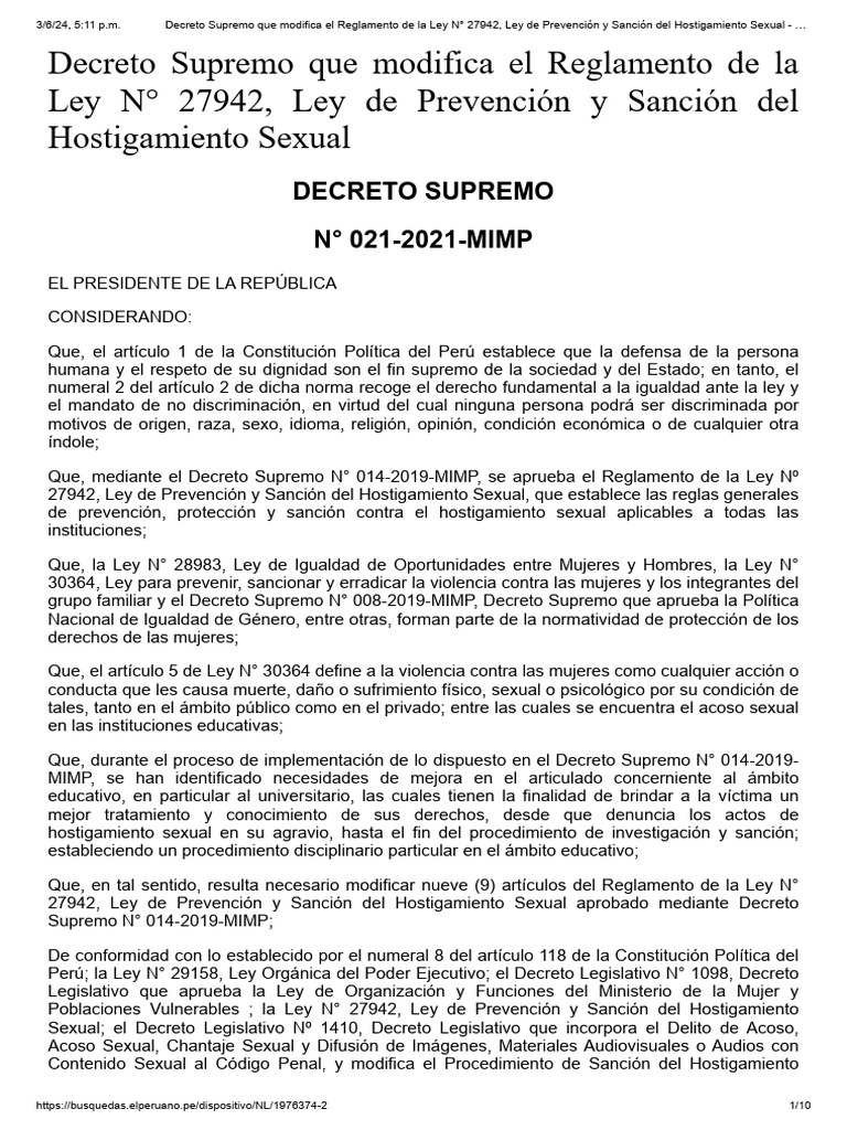 Decreto Supremo Que Modifica El Reglamento de La Ley #27942, Ley de Prevención y Sanción Del ...