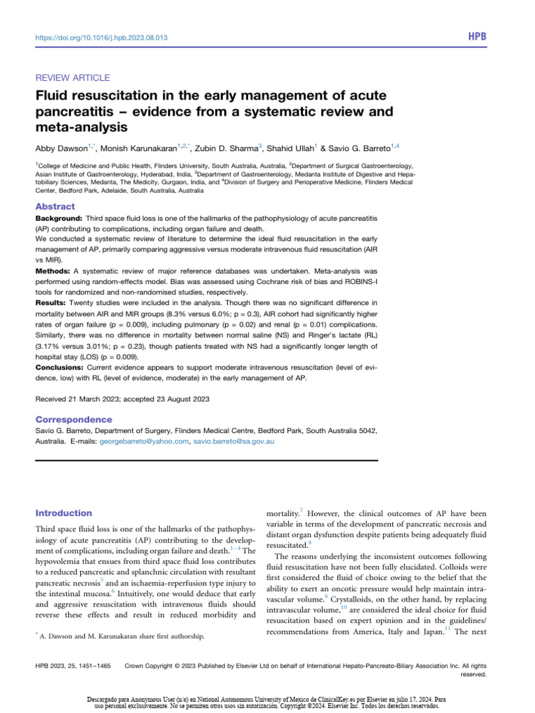 Fluid Resuscitation in The Early Management of Acute Pancreatitis - Evidence From A Systematic ...