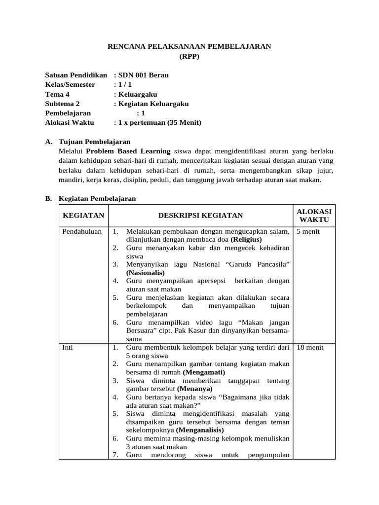 RPP Kelompok 1 Kelas 1 SD | PDF