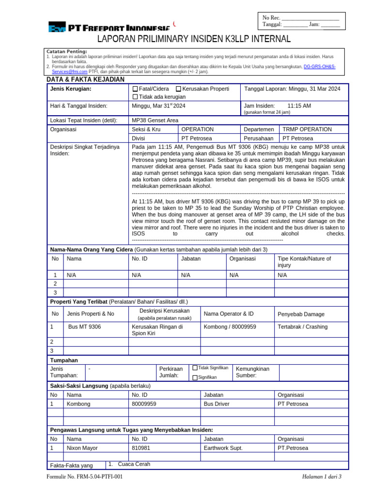 PIR - Bus MT 9306 Hit Genset Roof MP 39 When Manouver - 011551 | PDF
