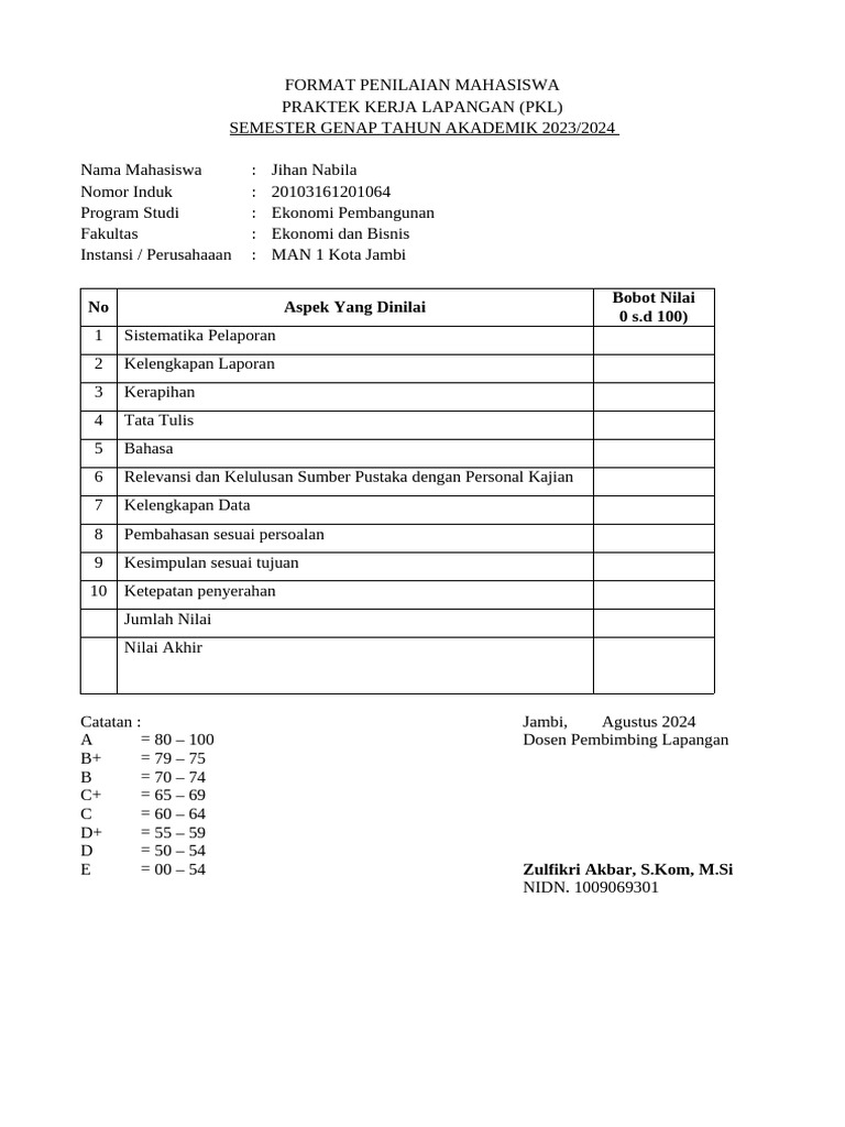 Format Penilaian Mahasiswa | PDF