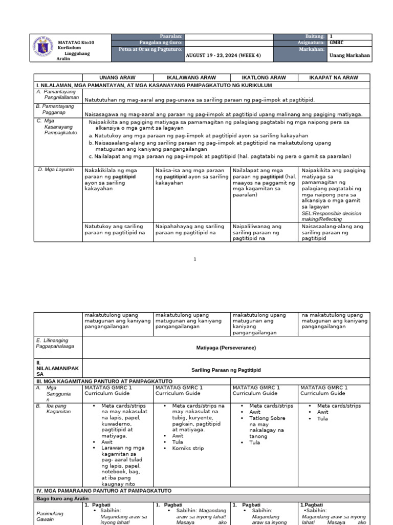 DLL Matatag GMRC 1 q1 w4 | PDF