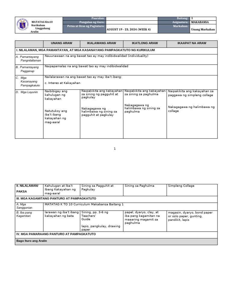 Dll Matatag Makabansa 1 Q1 W4 Pdf