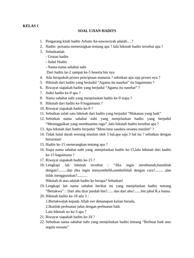 Soal PAT Hadits Kelas 1 2023 - 2024 | PDF