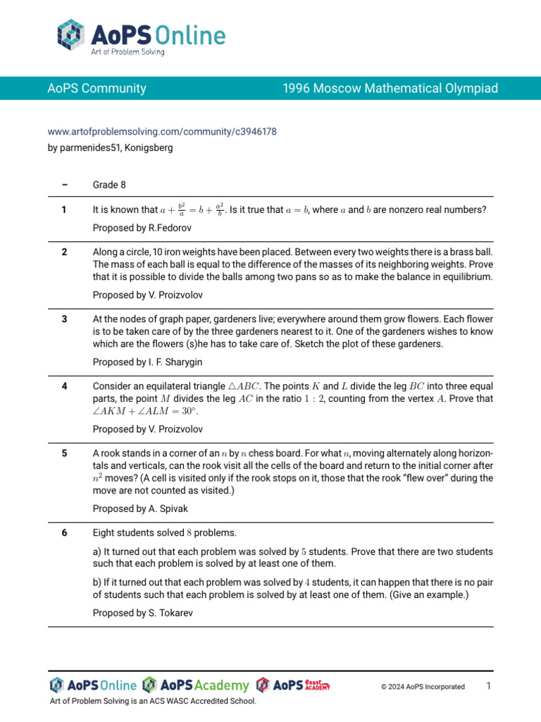 Aops Community 1996 Moscow Mathematical Olympiad: B A A B | PDF